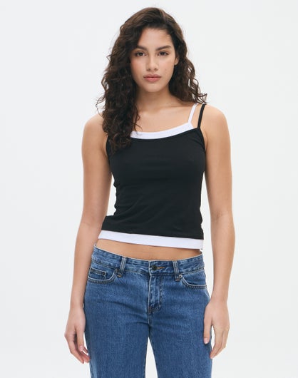 Layered Thin Strap Tank in Black X White | Glassons