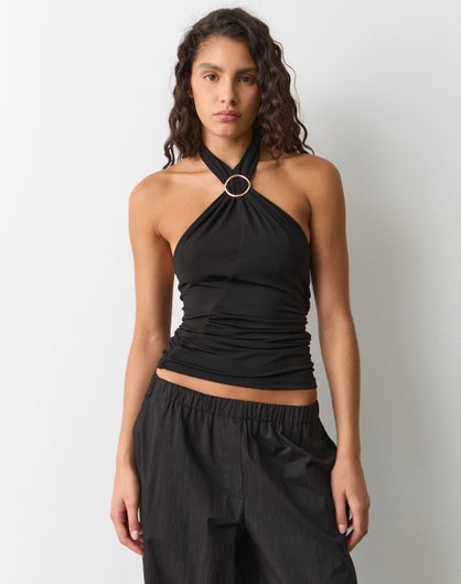 Ring Hardware Halter Top in Black X Gold | Glassons
