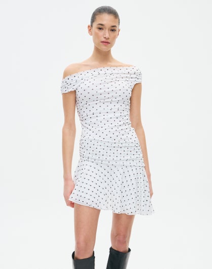 Print Asymmetrical Off Shoulder Mini Dress in Maria X White X Black ...