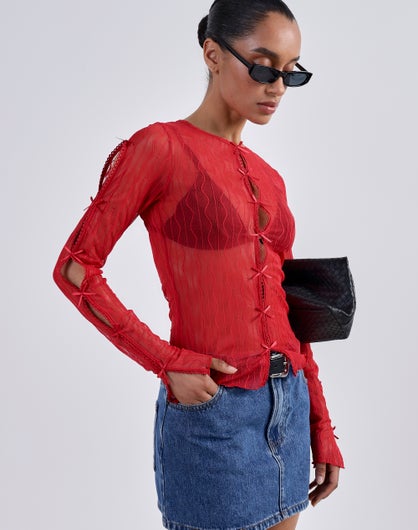 Sheer Bow Detail Longsleeve Top in Rio Red | Glassons US