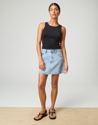 High Rise A Line Denim Mini Skirt in Light Blue Breeze | Glassons US