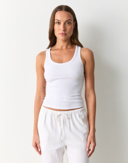 Organic Cotton Scoop Neck Rib Tank in White | Glassons
