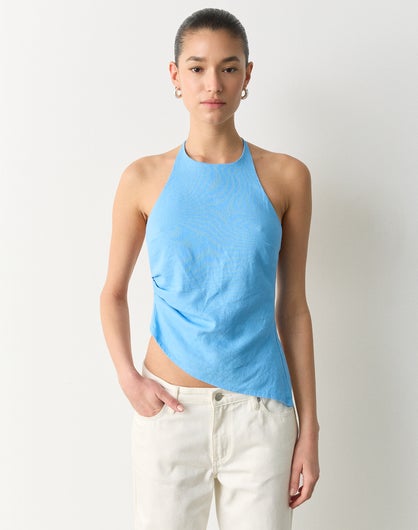 Linen Blend Beaded Halter Top in Mystery Blue | Glassons AU