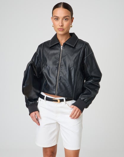 Contrast Stitch Faux Leather Jacket in Black/white | Glassons US