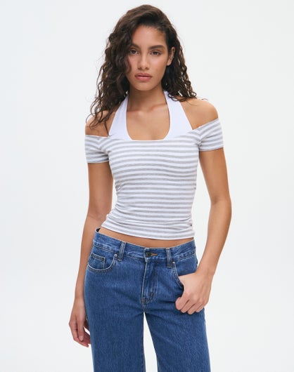 Stripe Off Shoulder Layered Top in Grey X White Samma Stripe | Glassons AU
