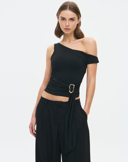 Off Shoulder Buckle Draping Top in Black X Gold | Glassons AU