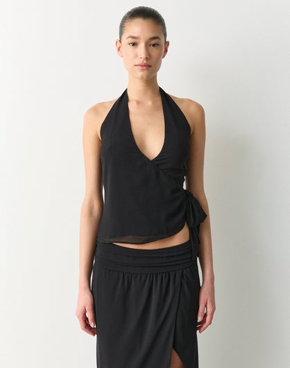 Chiffon Wrap Halter Top in Black | Glassons AU