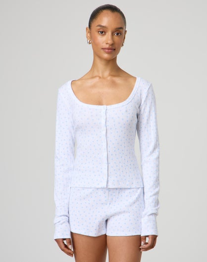 Scoop Neck Pointelle Cotton Cardigan in Mini Blue Hearts | Glassons