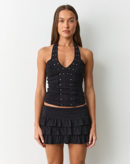 Stud Ruched T-back Top in Black | Glassons