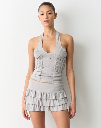 Stud Ruched T-back Top in Silver Grey | Glassons