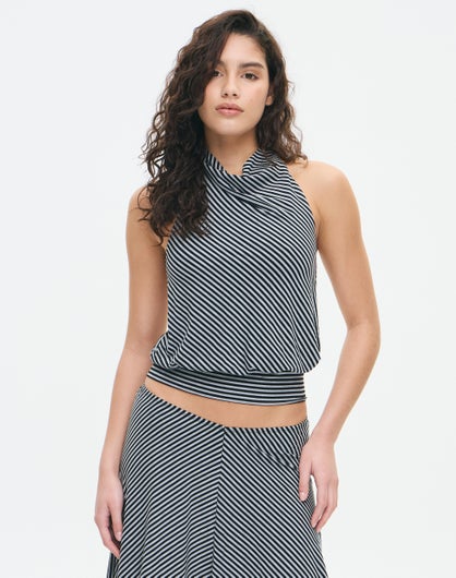 High Cowl Neck Halter Top in Grey Black Bella Stripe | Glassons