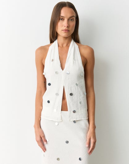 Sequin Backless Halter Top in Milk | Glassons AU