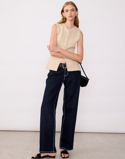 Longline Button Up Knit Vest in Sunlit Dune | Glassons SG