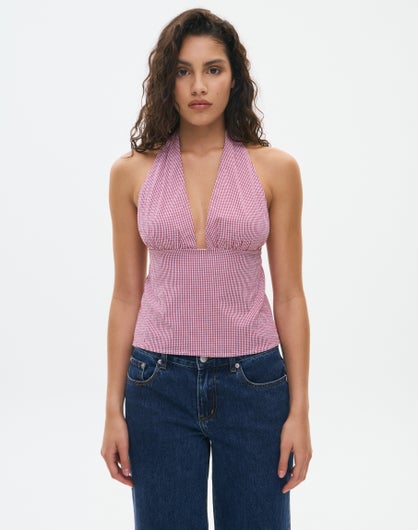 Knot Halter Top in Garnet Filly Gingham | Glassons AU