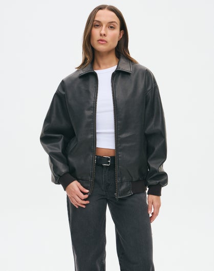 Faux Leather Bomber Jacket in Buffed Black | Glassons US
