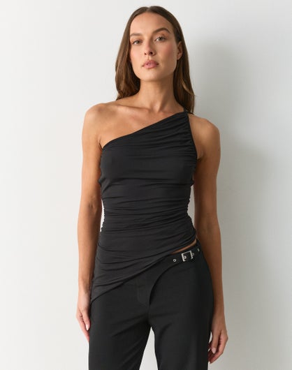 Ruched Asymmetrical One Shoulder Top in Black | Glassons AU