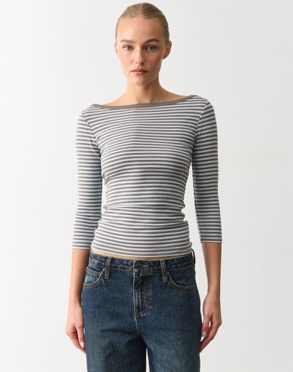 Boat Neck Three Quarter Top in Smokey Vapor Bella Stripe | Glassons AU