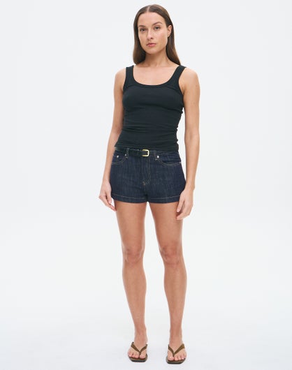 Mid Rise Denim Mini Short in Dark Raw Indigo | Glassons