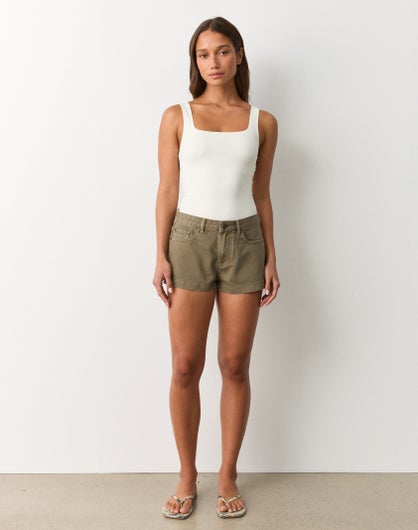 Mid Rise Denim Mini Short in Forest Khaki | Glassons AU