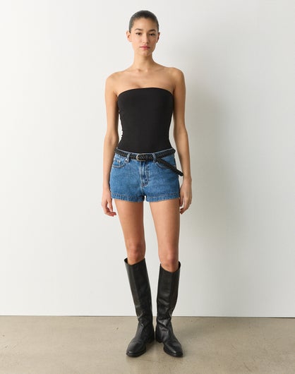 Mid Rise Denim Mini Short in Mid Blue Crush | Glassons