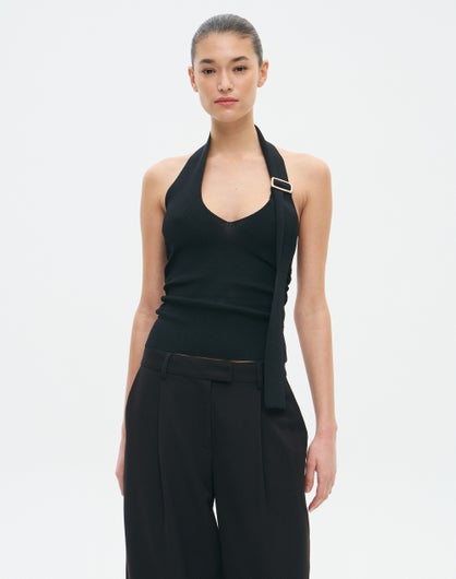 Halter Hardware Knit Top in Black | Glassons
