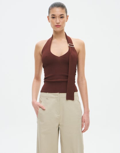 Halter Hardware Knit Top in Burgundy Bark | Glassons