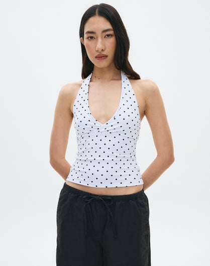 Supersoft Halter Neck Top in Maria Polka X White | Glassons AU
