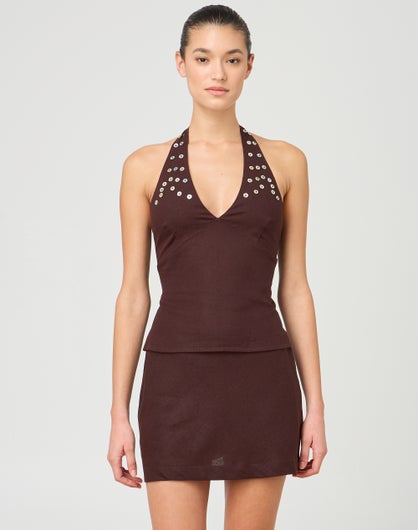 Linen Shell Trim Halter Top in Island Fudge | Glassons