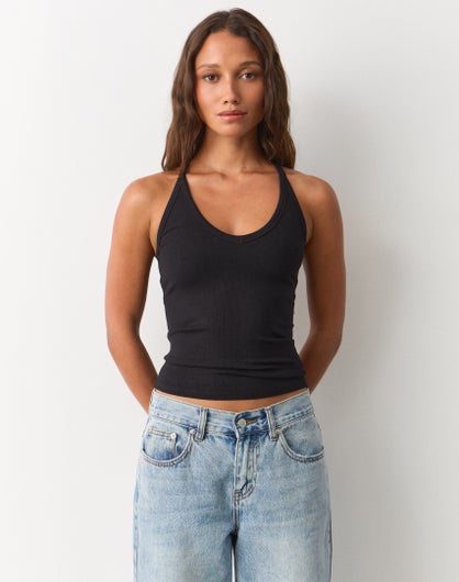 Rib V Neck Tank in Black | Glassons AU