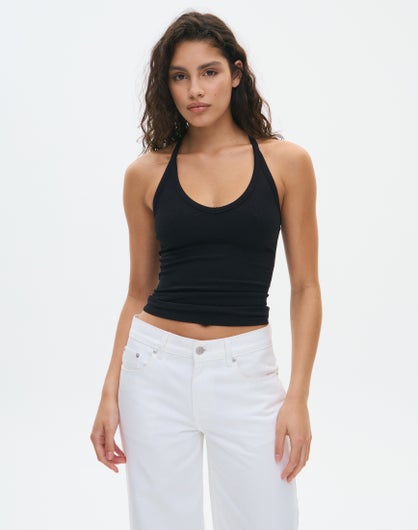 V Neck Rib Tank in Black | Glassons