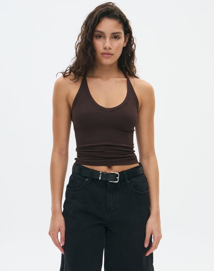 V Neck Rib Tank in Espresso Brown | Glassons