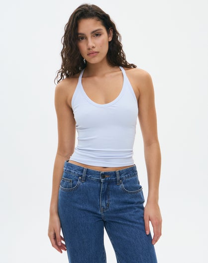 V Neck Rib Tank in Western Blue | Glassons