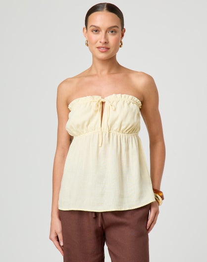 Linen Blend Strapless Tie Front Top in Margerine | Glassons