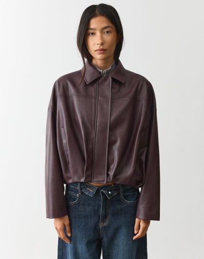 Faux Leather Collared Bomber Jacket in Wine Not | Glassons