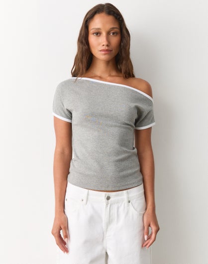 Contrast Off Shoulder Top in Pale Grey Marle X White | Glassons SG