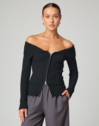 Off Shoulder Zip Up Knit Top in Black | Glassons
