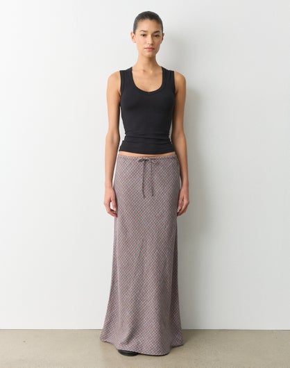Linen Blend Tie Waist Maxi Skirt in Coco Loco Mystery Kalama Check ...