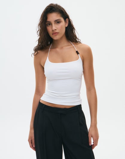 Thin Strap Bead Halter Top in Milk X Fudge | Glassons AU