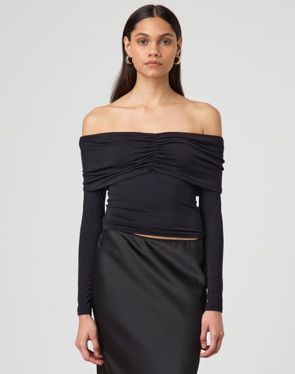 Ruched Off Shoulder Longsleeve Top in Black | Glassons