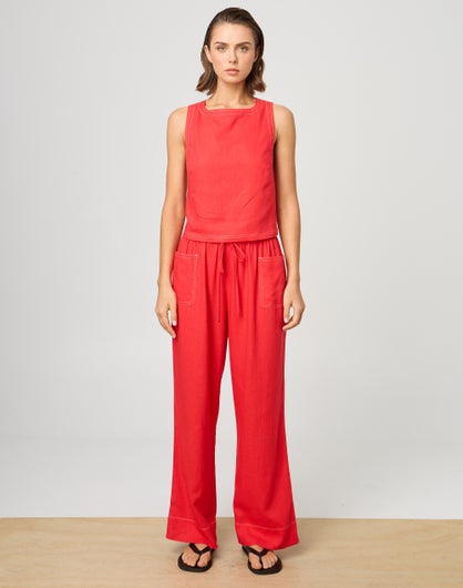 Mid Rise Tie Waist Pocket Pant in Reddy To Rumble X White | Glassons