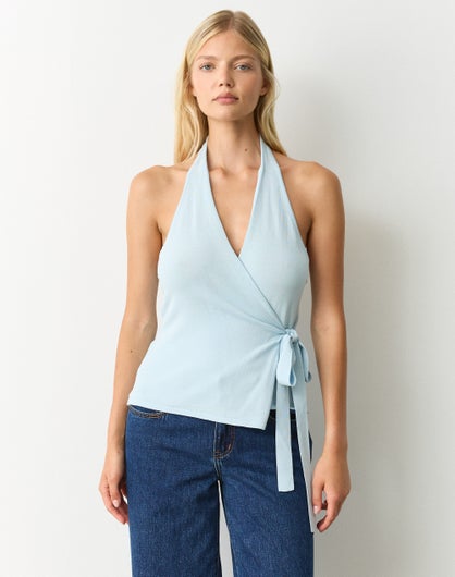 Knit Wrap Halter Top in Vapor Blue | Glassons AU