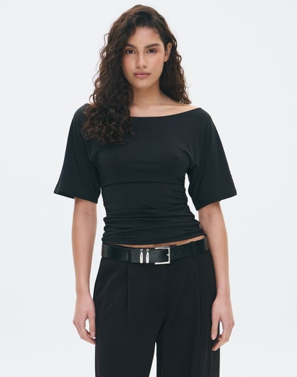 Ruched Slash Neck Top in Black | Glassons