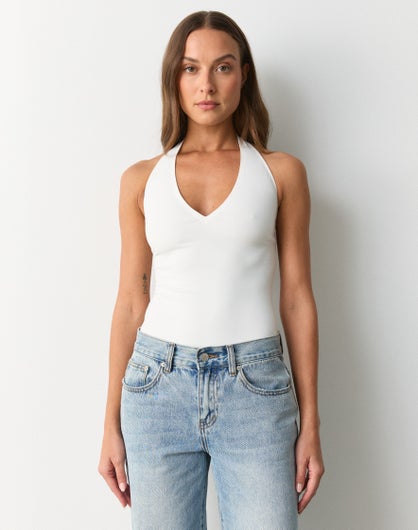 Halter V Neck Bodysuit in Milk | Glassons