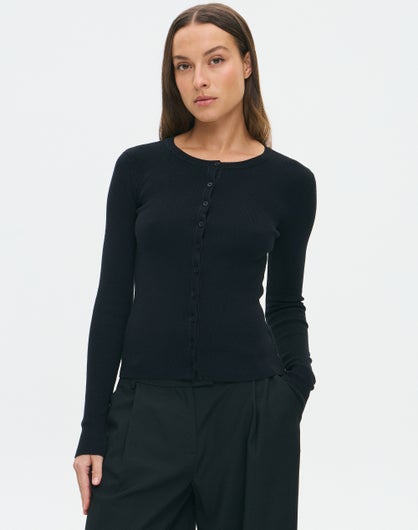 Rib Button Up Cardigan in Black | Glassons AU