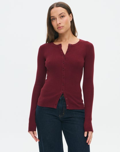 Rib Button Up Cardigan in Dark Rosewood | Glassons US