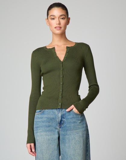 Rib Button Up Cardigan in Green Grove | Glassons