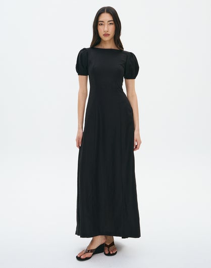 Linen Blend Puff Sleeve Maxi Dress in Black | Glassons