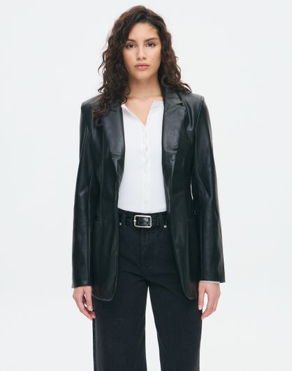 Fitted Faux Leather Blazer in Black | Glassons