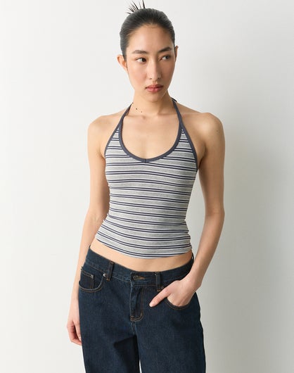 Stripe Cotton Tie Halter Top in Leo Inkognito X Marle | Glassons