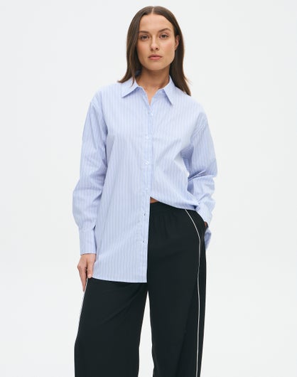 Oversized Cotton Stripe Shirt in Powder Blue Stripe | Glassons AU
